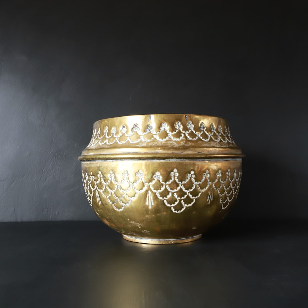 Victorian Brass Cachepot Planter: Ornate Repousse Design, Patina Finish ...