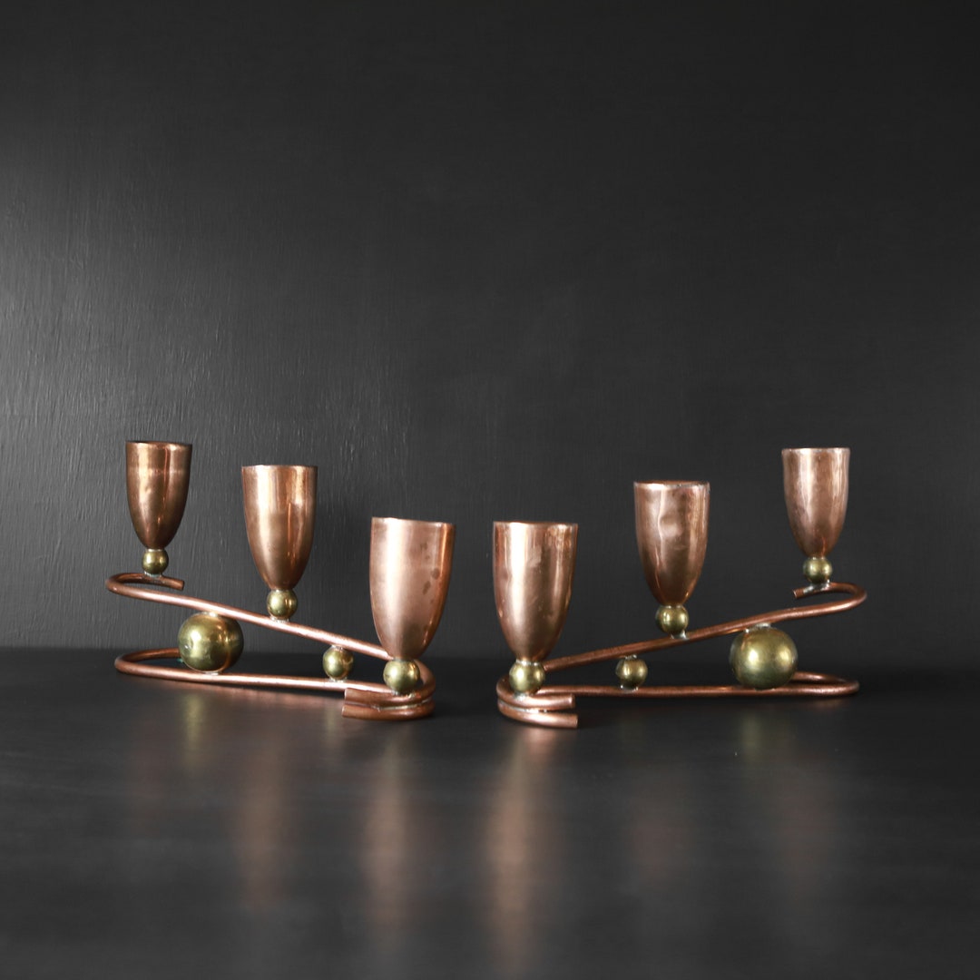MCM Copper Candelabras Vintage Brass Accents 2x MCM Pair Graduated ...