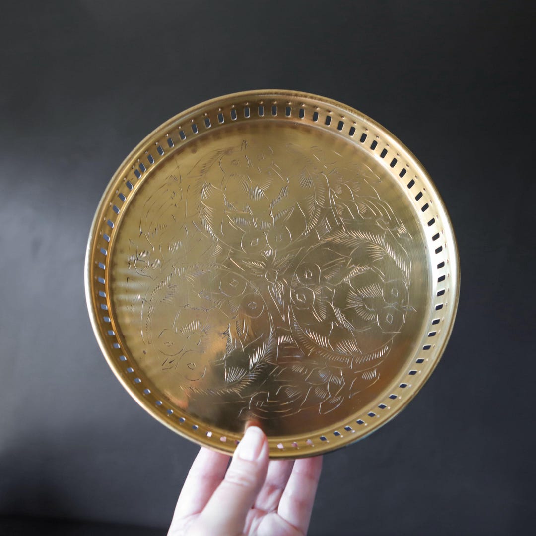 MCM Pierced Brass Tray Centerpiece Catchall Round Serving Platter ...
