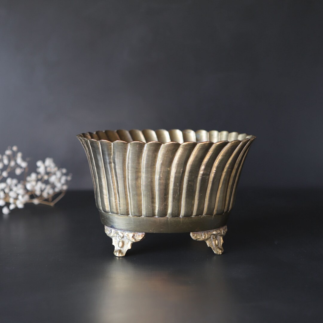 Vintage Brass Footed Planter Pot Scalloped Cachepot 4 1/4” X 7 1/8 ...
