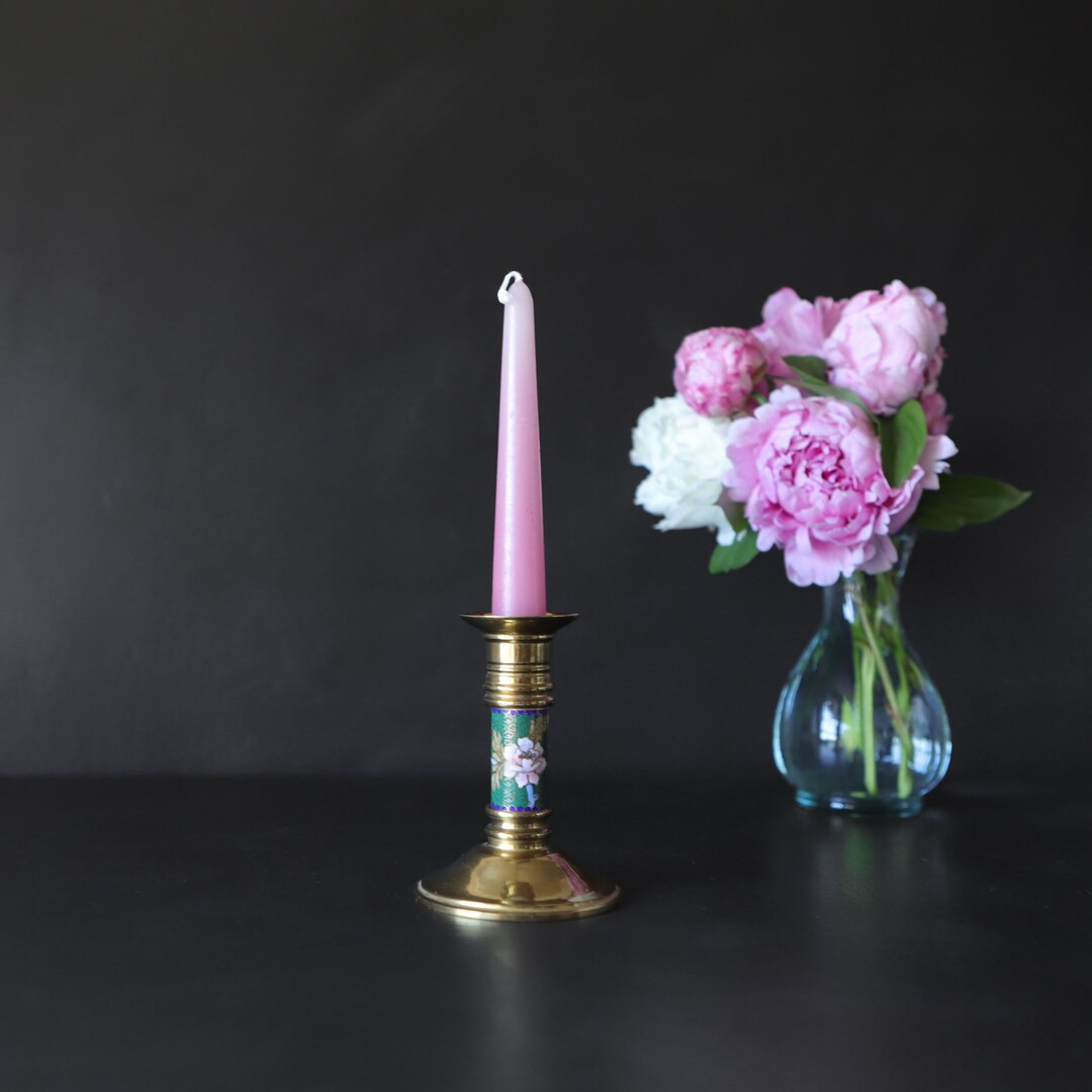 Chinoiserie Peony Brass Candlestick Vintage Fancy Painted Flowers ...