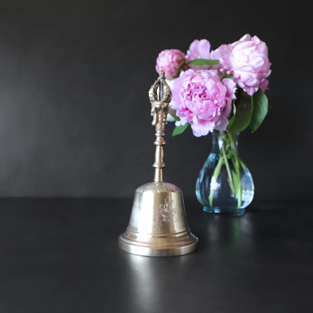 Ornate Handled Brass Bell Vintage Etched Flower Blossoms Handbell ...