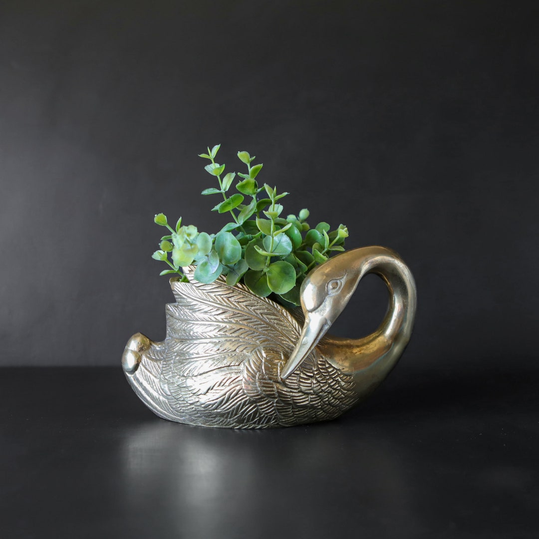 Brass Swan Planter Pot Cute Vintage Cachepot Jardiniere Shy Bird Home ...
