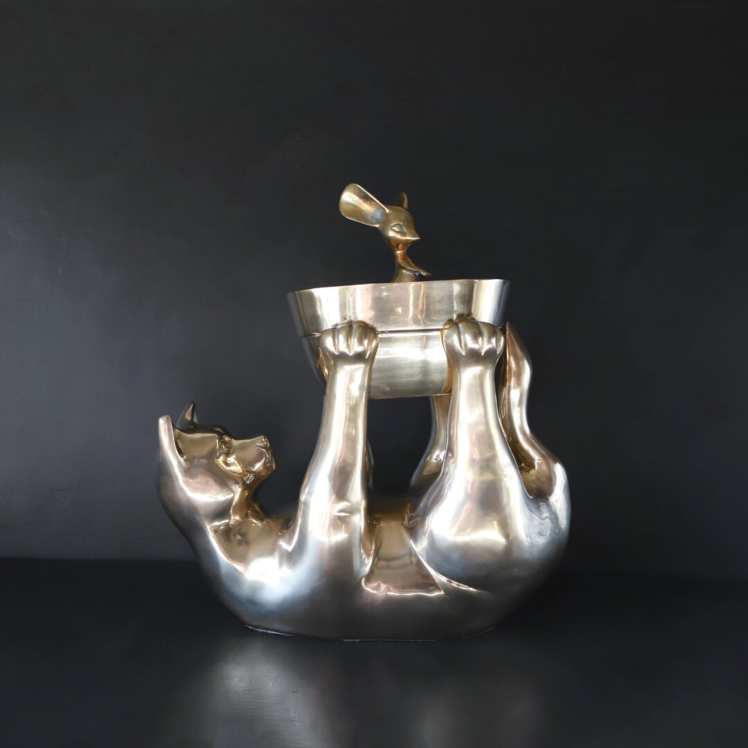 Large Cat Planter Pot Vintage Brass Playful Kitten on Back Sculptural ...