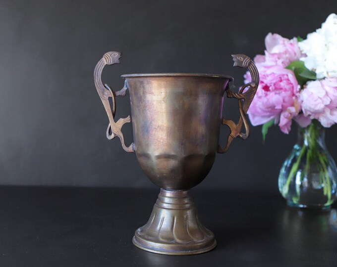 Rustic Trophy Cup Vase Vintage Pedestal Bowl With Handles DENTED Floral ...