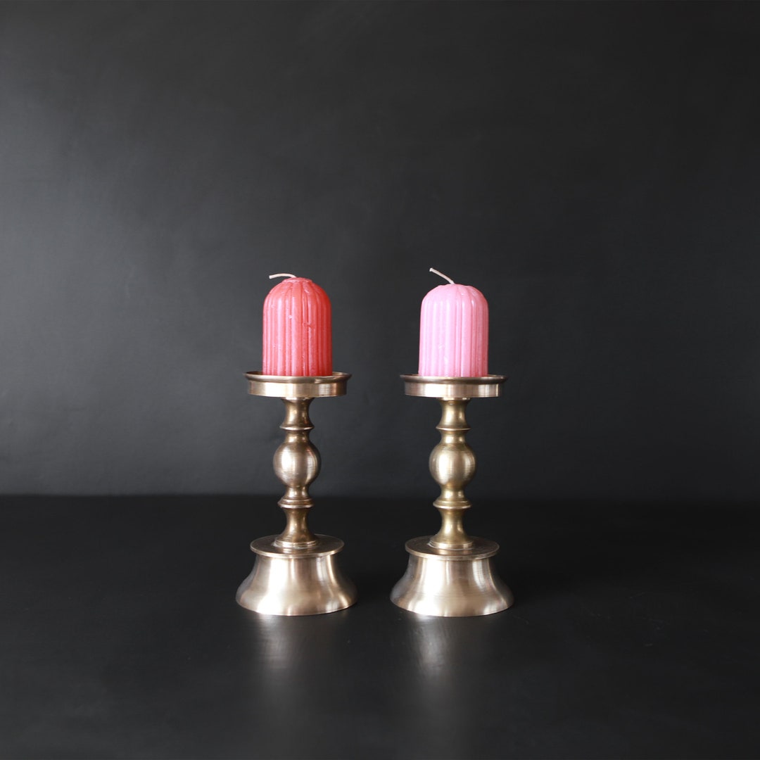 Brass Pillar Candle Holders 2x Vintage Gold Metal Display - Etsy