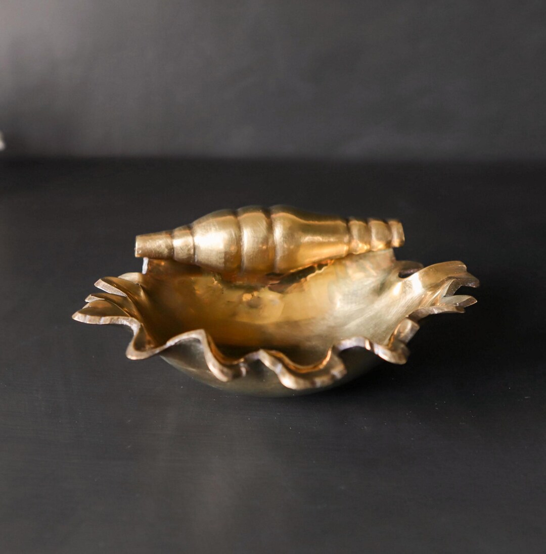 Seashell Brass Trinket Tray Vintage Clam Shell Catchall Beach Souvenir ...