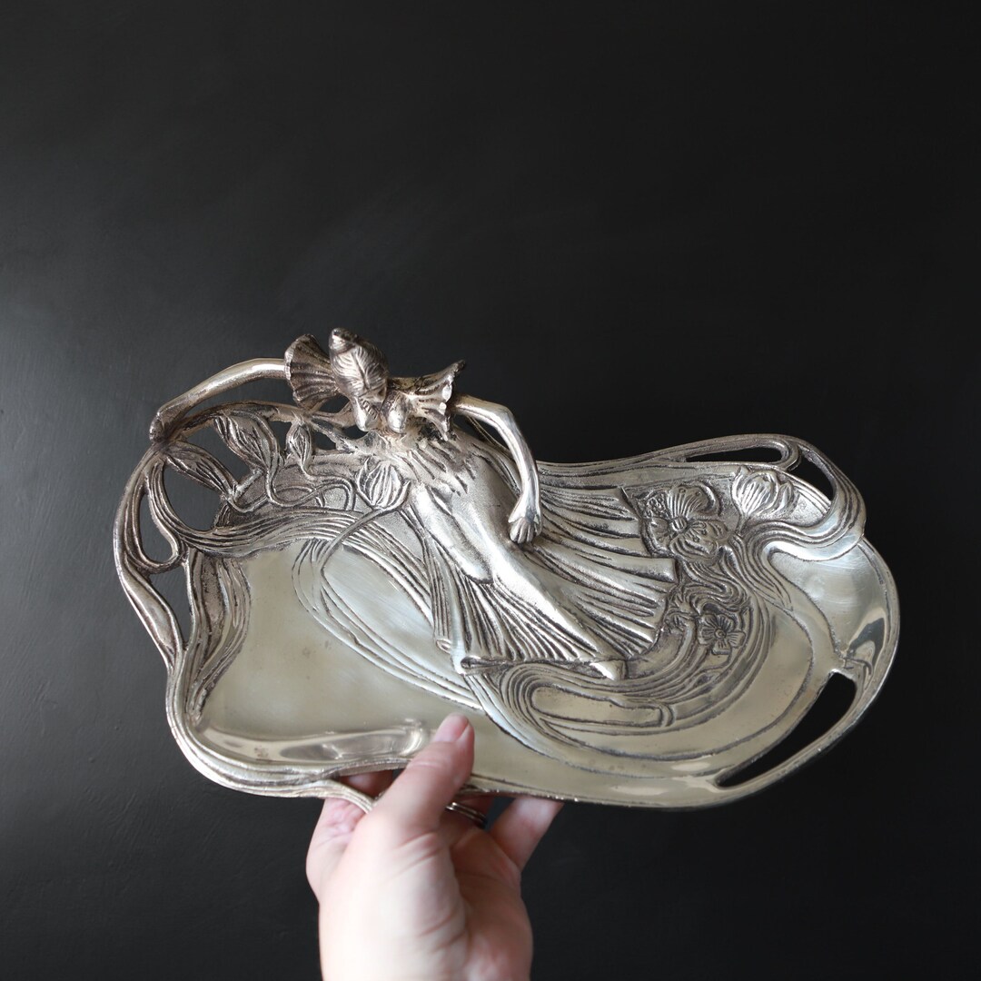 Art Nouveau Calling Card Tray Vintage Silverplated Victorian Lady ...