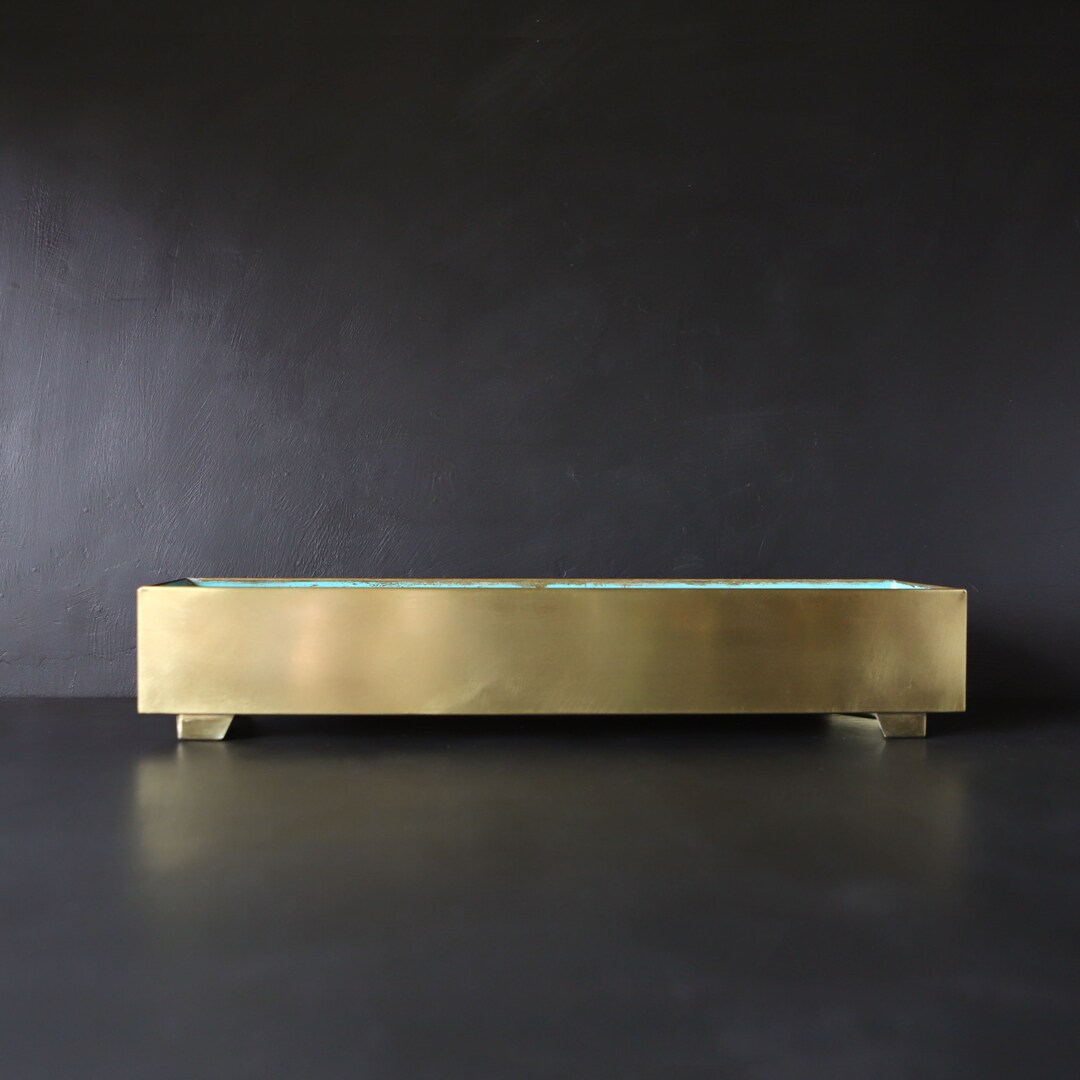 18” Brass Planter Pot Rectangle Vintage Turquoise Enamel FLAWS MCM ...
