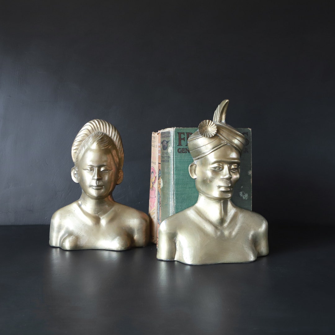 Brass Busts Bookends Vintage Profile Sculptural Heads of a Couple Man ...