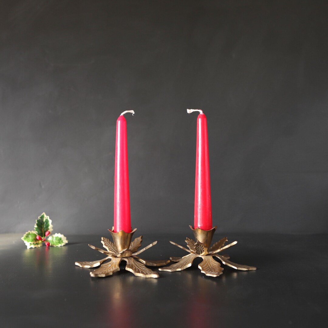 Vintage Holly Leaf Candlesticks Brass Articulated Taper Candle Holders ...