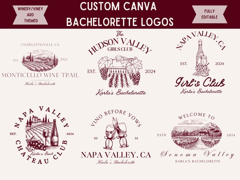 Wine Vineyard Bachelorette Party Logo Bundle, Elegant Canva Template ...