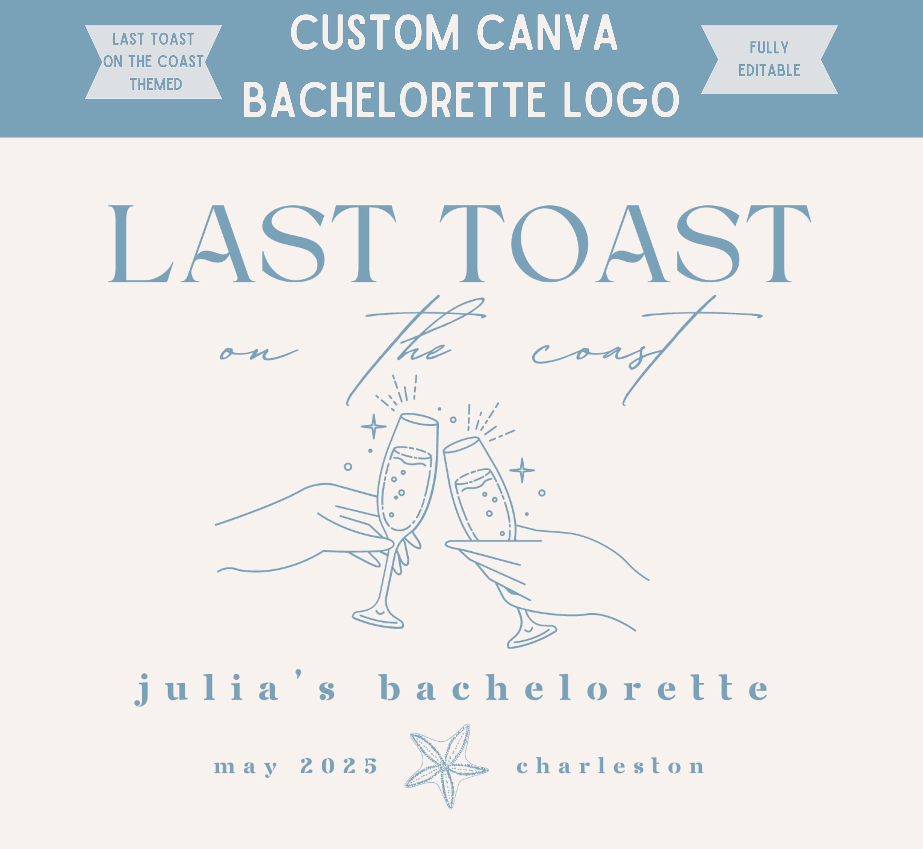 Editable Last Toast on the Coast Bachelorette Party Logo, Custom Beach ...