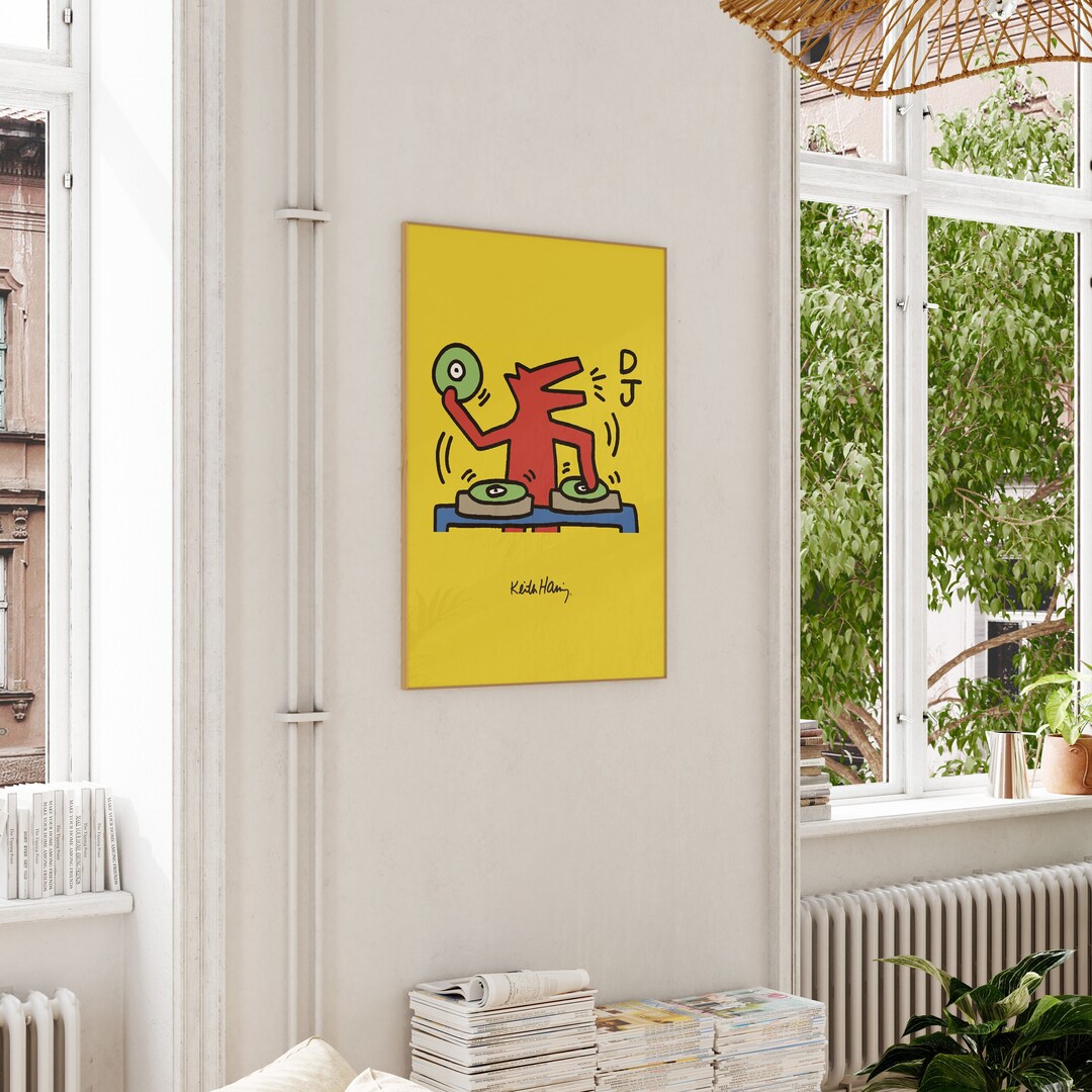 Keith Haring DJ Print, Yellow Haring DJ Wall Art, Dog DJ Poster, Keith ...