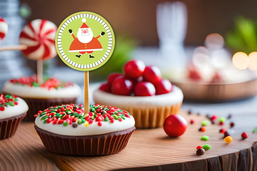 Happy Santa Cupcake Toppers, Santa Party Favors, Santa Cupcake Topper ...