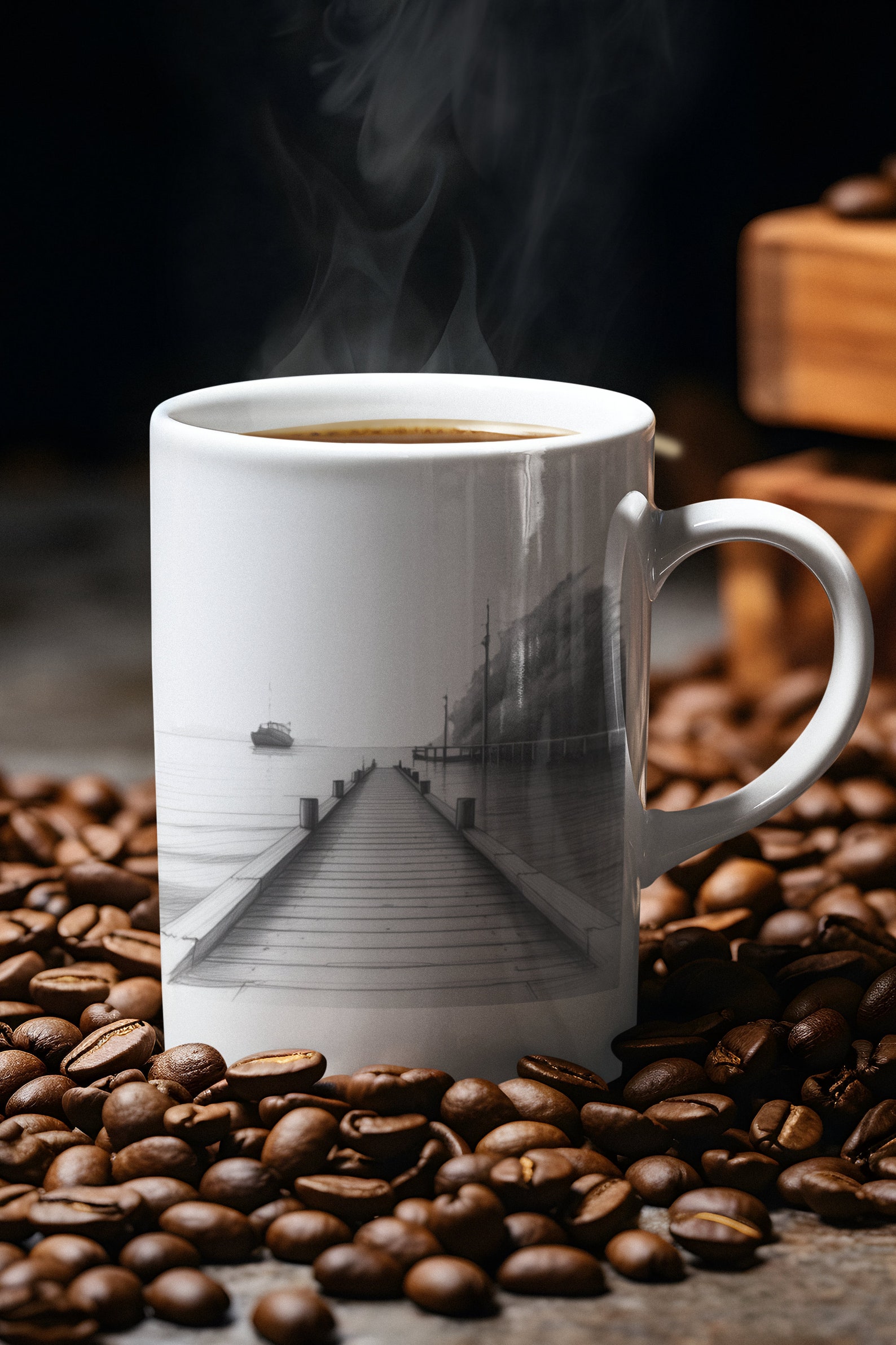 Long Dock White Mug- Long Wooden Lake and Dock Design for Coffee & Tea ...