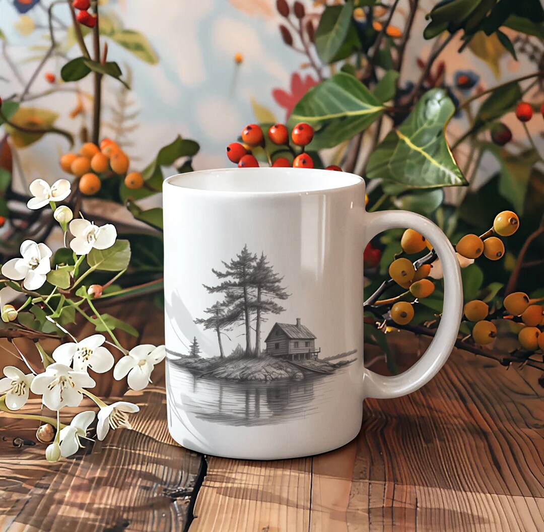 Island Cabin Mug Island & Trees, White Coffee Cup for Nature Lovers and ...