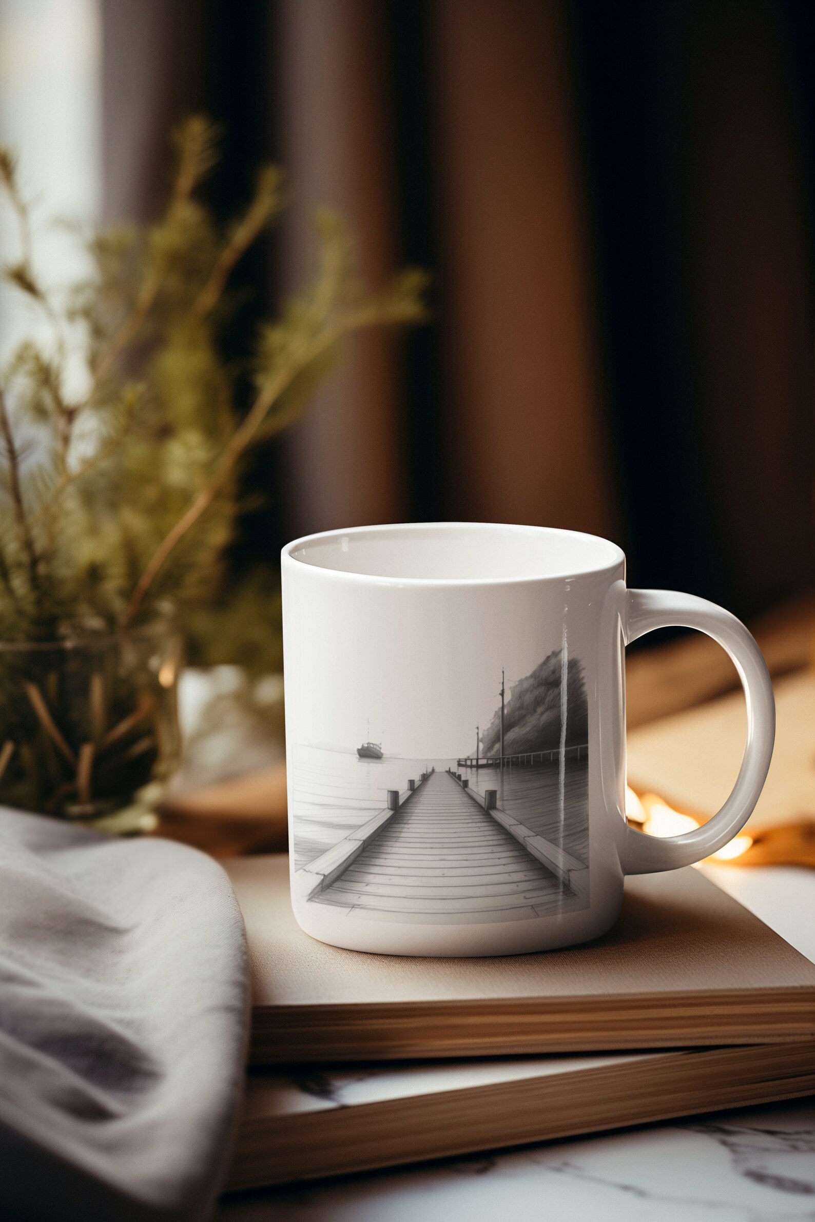 Long Dock White Mug- Long Wooden Lake and Dock Design for Coffee & Tea ...