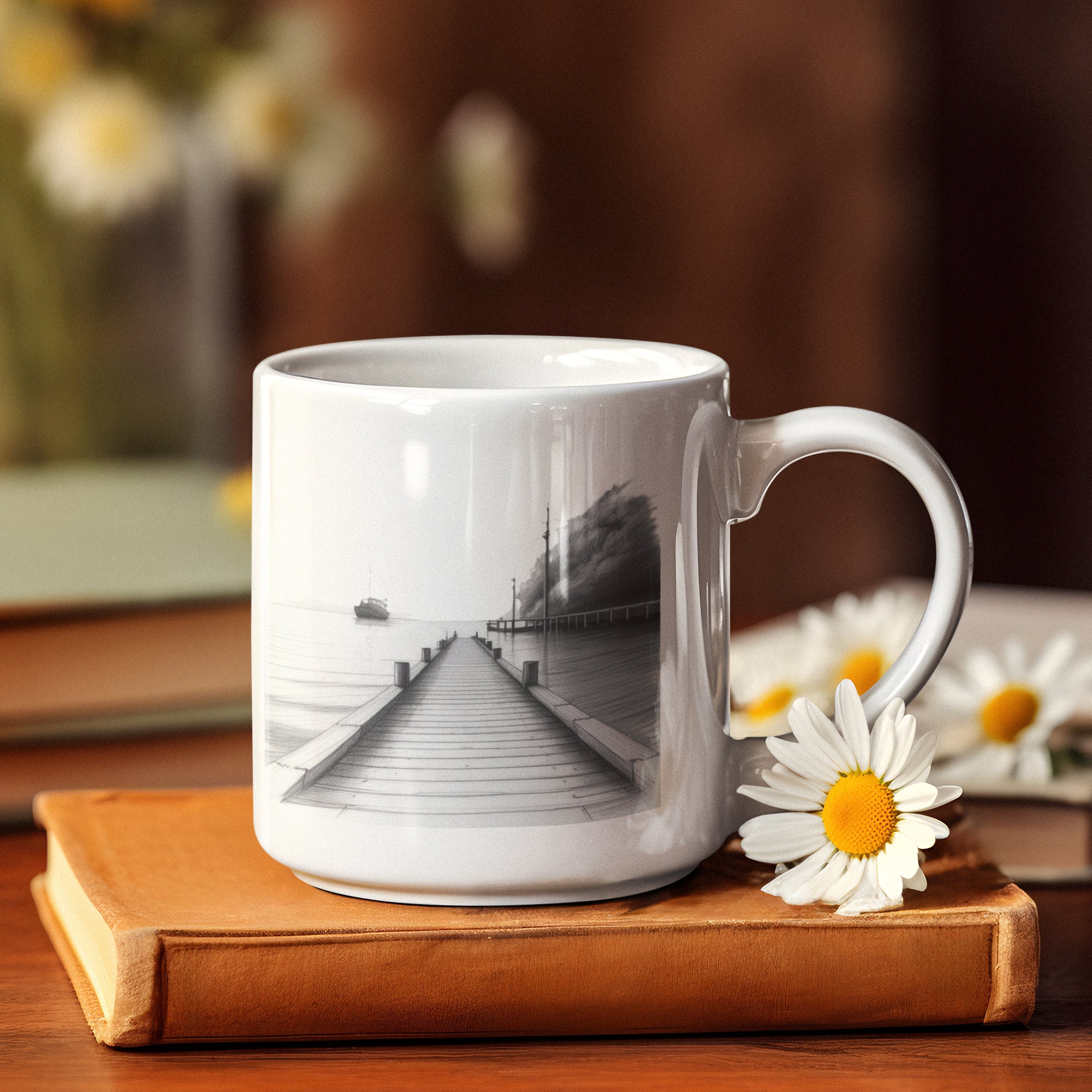 Long Dock White Mug- Long Wooden Lake and Dock Design for Coffee & Tea ...