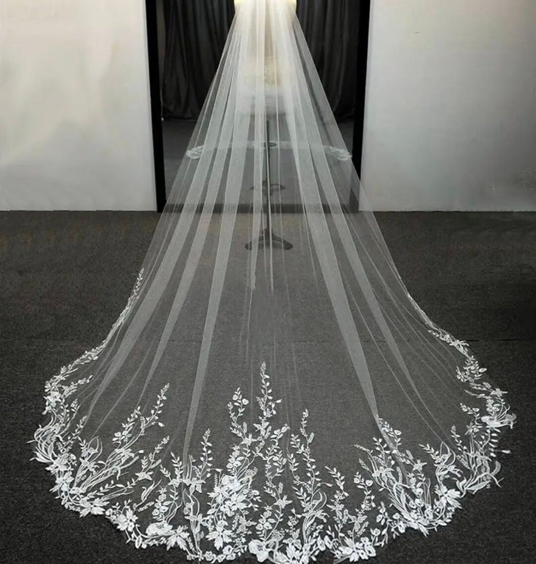 Floral Veil, Long Bridal Veil, Floral Design With Sequence, Princess ...