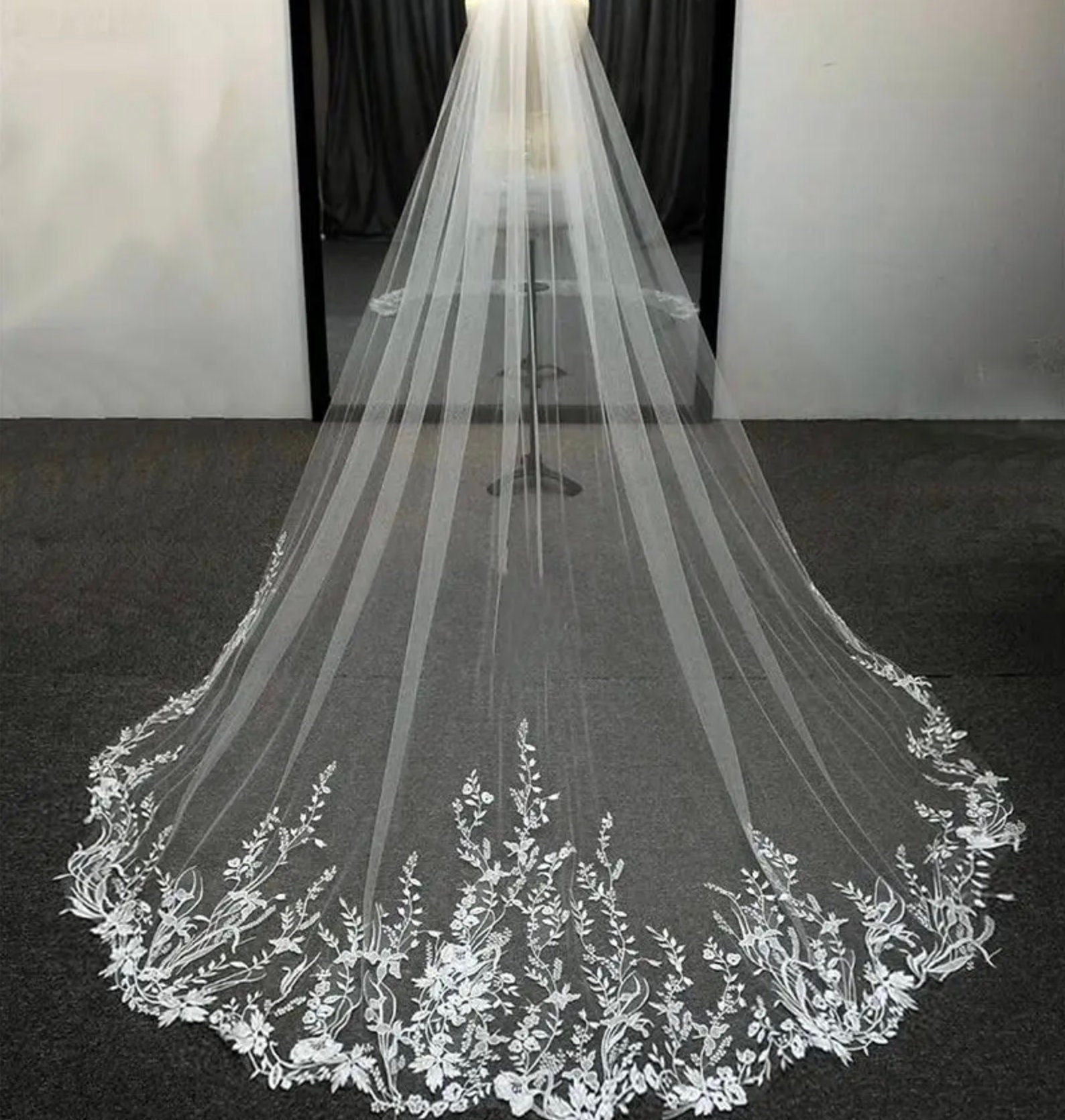 Floral Veil, Long Bridal Veil, Floral Design With Sequence, Princess ...