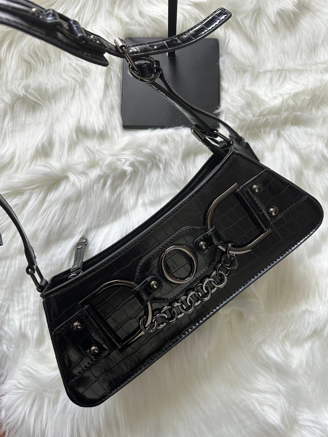 Gothic, Black Leather Y2k 00s Chain Shoulder Bag, Grunge Buckle Chain ...