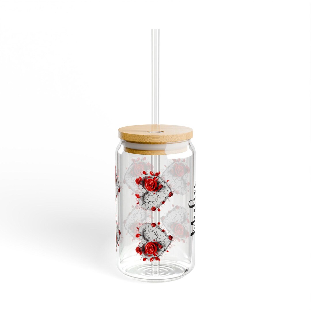 Flower Heart Sipper Glass With Straw and Lid Personalized Gift for Her ...