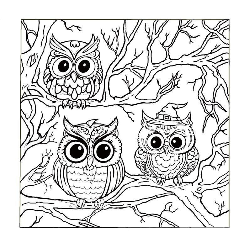 Adult Coloring Page. Three Cute Owls for You to Color for Fun and ...