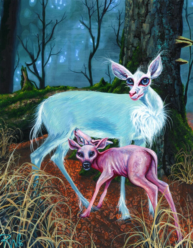RW2 Original Fawn Painting Surreal Two Headed Deer Lowbrow Outsider Art ...