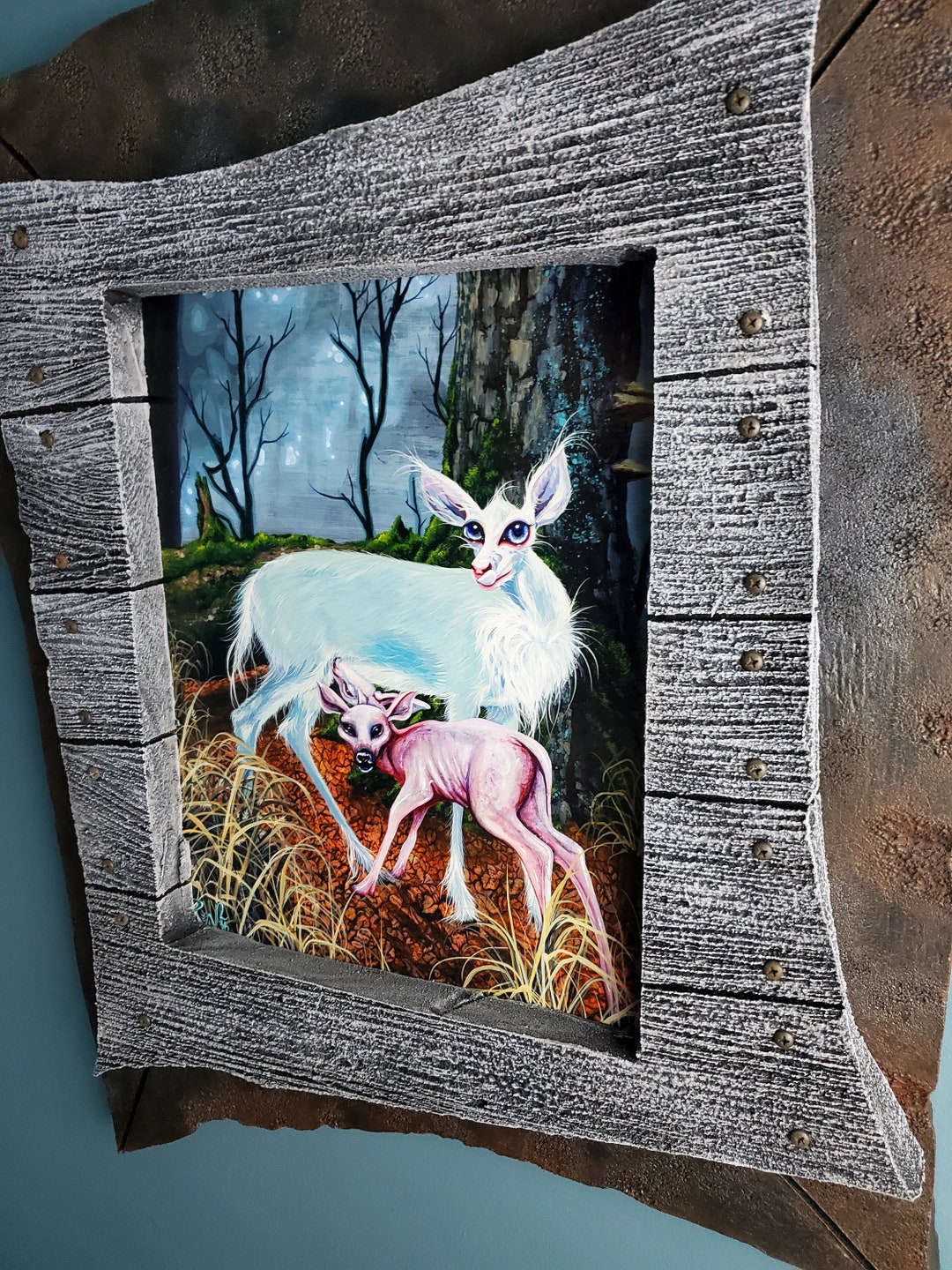 RW2 Original Fawn Painting Surreal Two Headed Deer Lowbrow Outsider Art ...