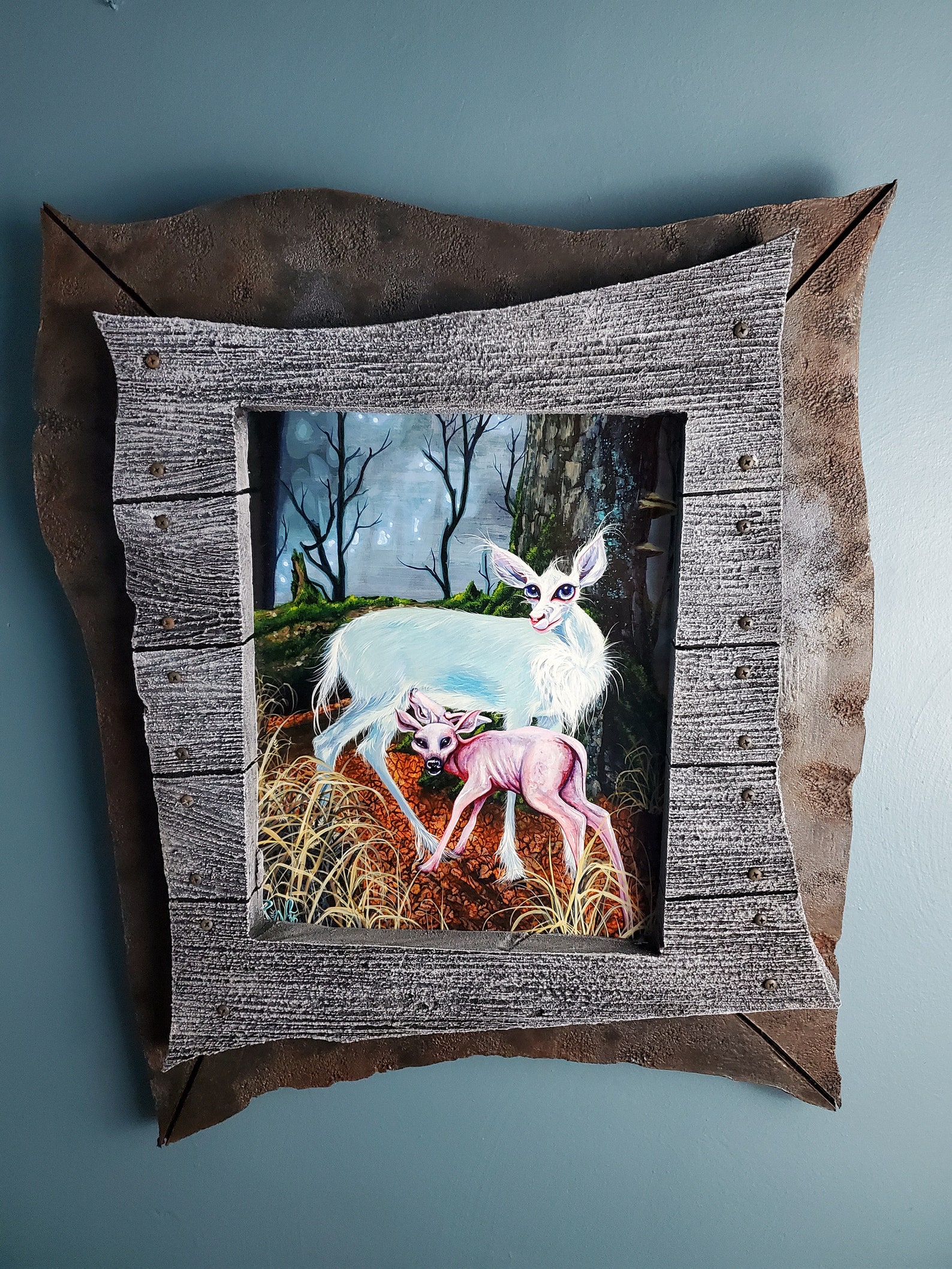 RW2 Original Fawn Painting Surreal Two Headed Deer Lowbrow Outsider Art ...