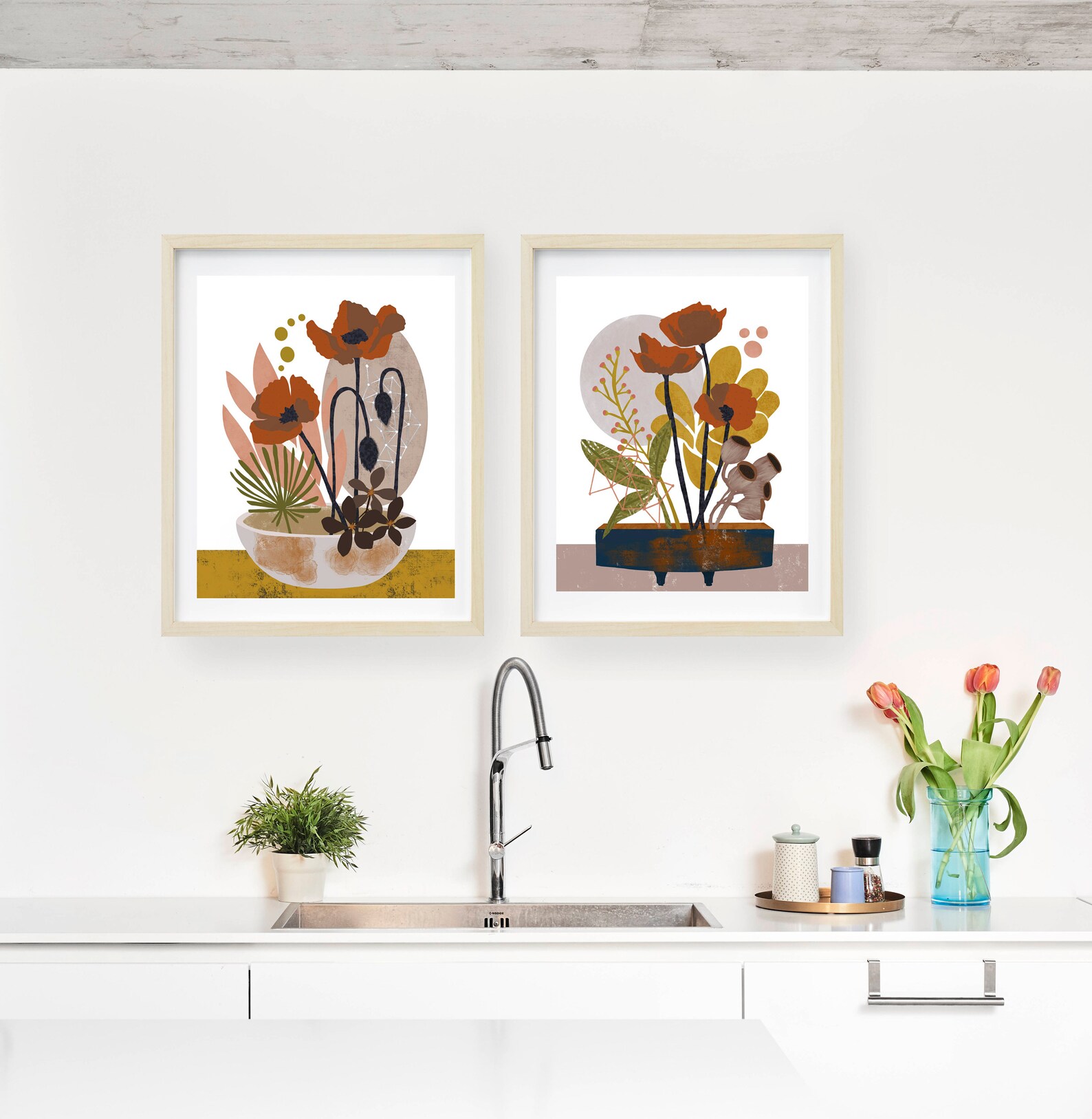 Japanese Art Prints, Japandi Set of 2 Floral Art Prints, Mid Century ...