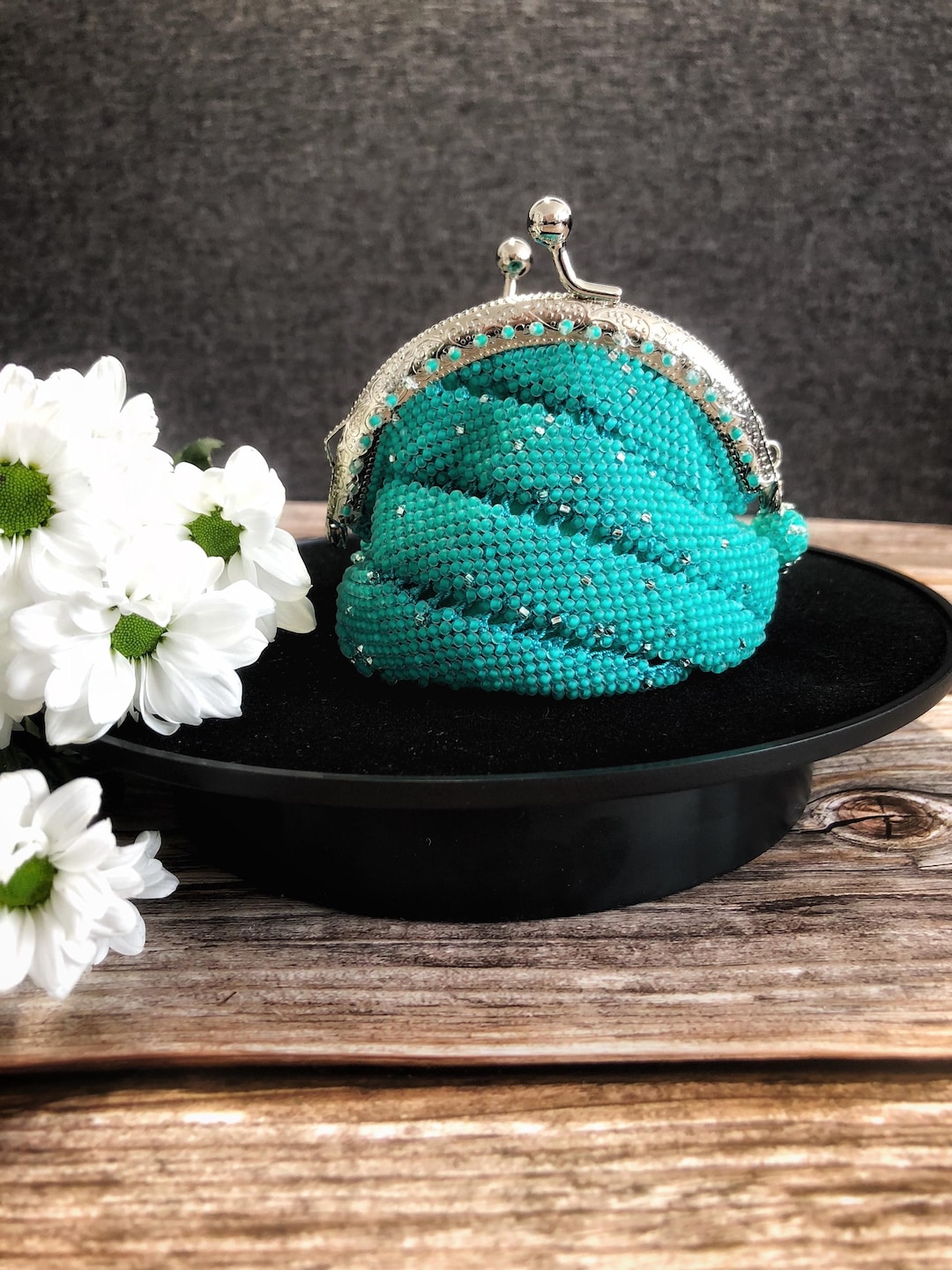 Tiny Turquoise Crochet Beaded Coin Purse With Kiss Lock. Vintage Coin ...