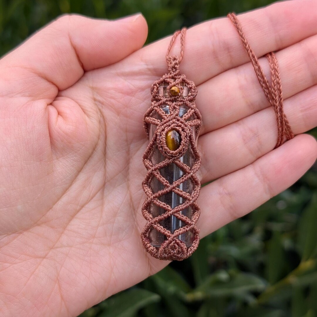 Macrame Necklace, Glass Vial With Bison Totem Animal Fur and Tiger's ...