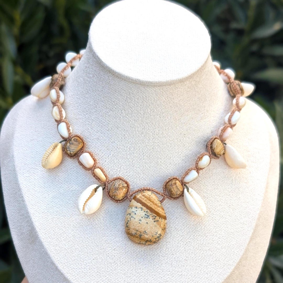 Handmade Macrame Necklace With Picture Jasper and Cowrie Shells – Boho ...