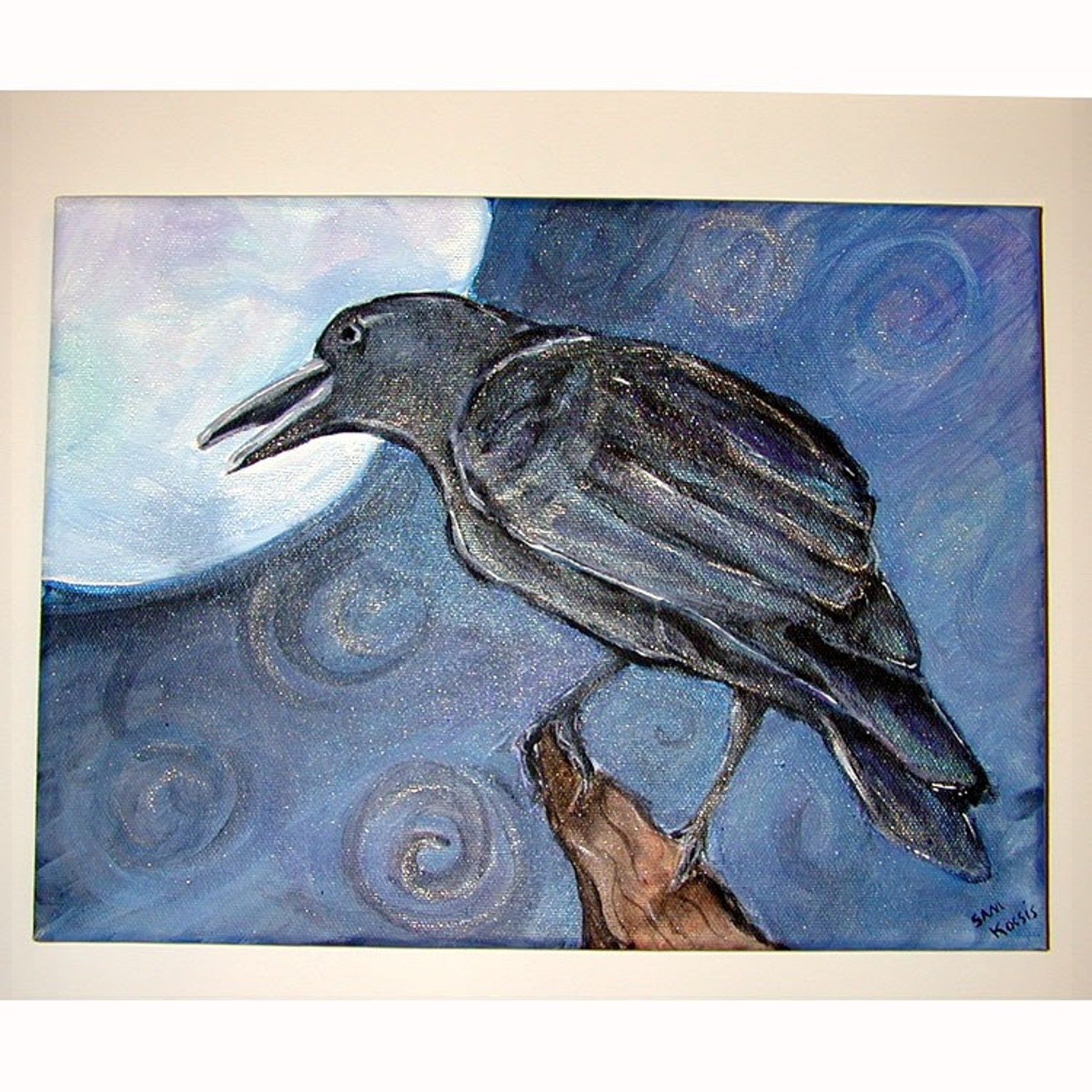 Nevermore Raven Crow Full Moon Orginal Painting Acrylic on - Etsy