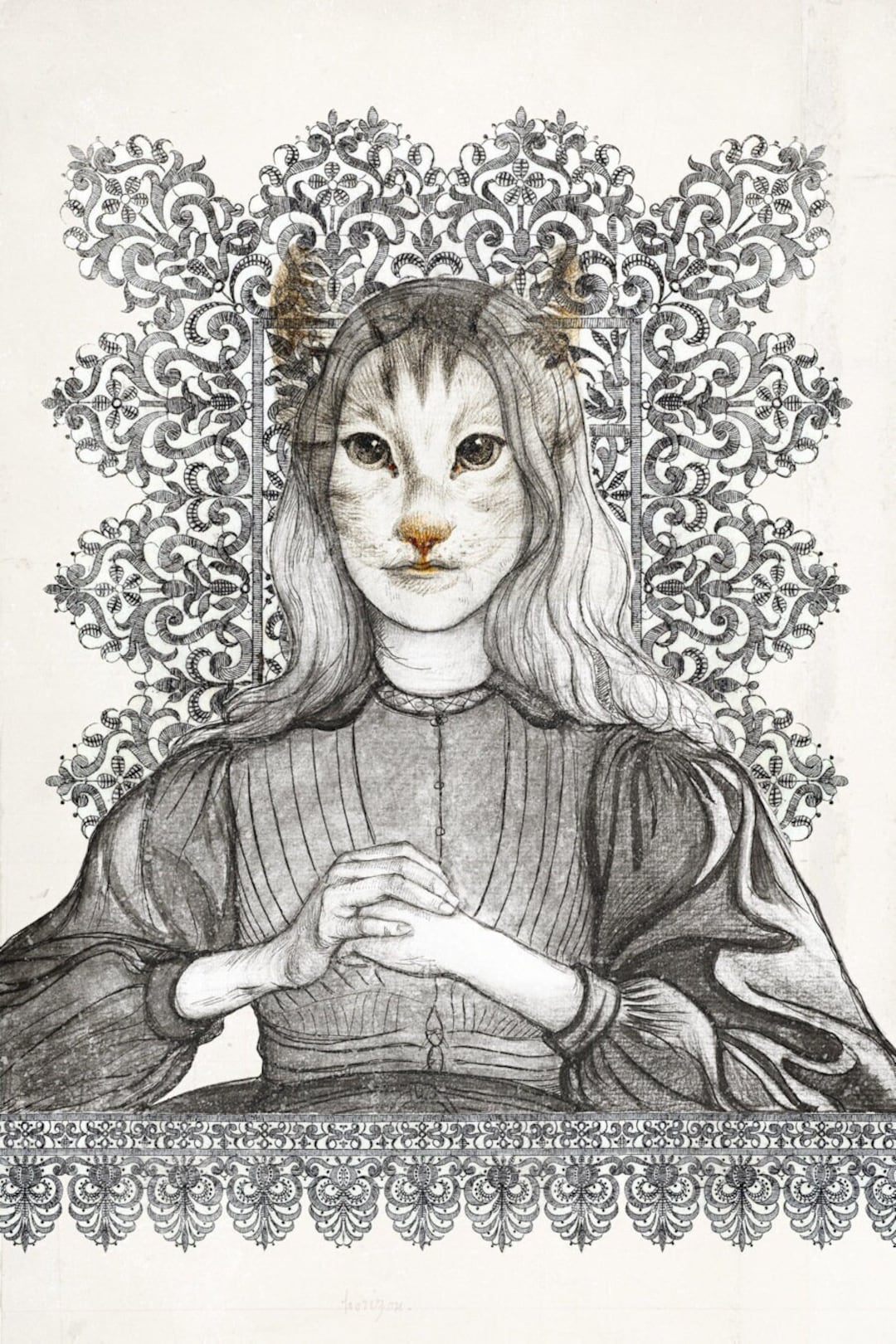 Portrait of a Cat Lady Fine Art Print Girl With a Feline Face Vintage ...