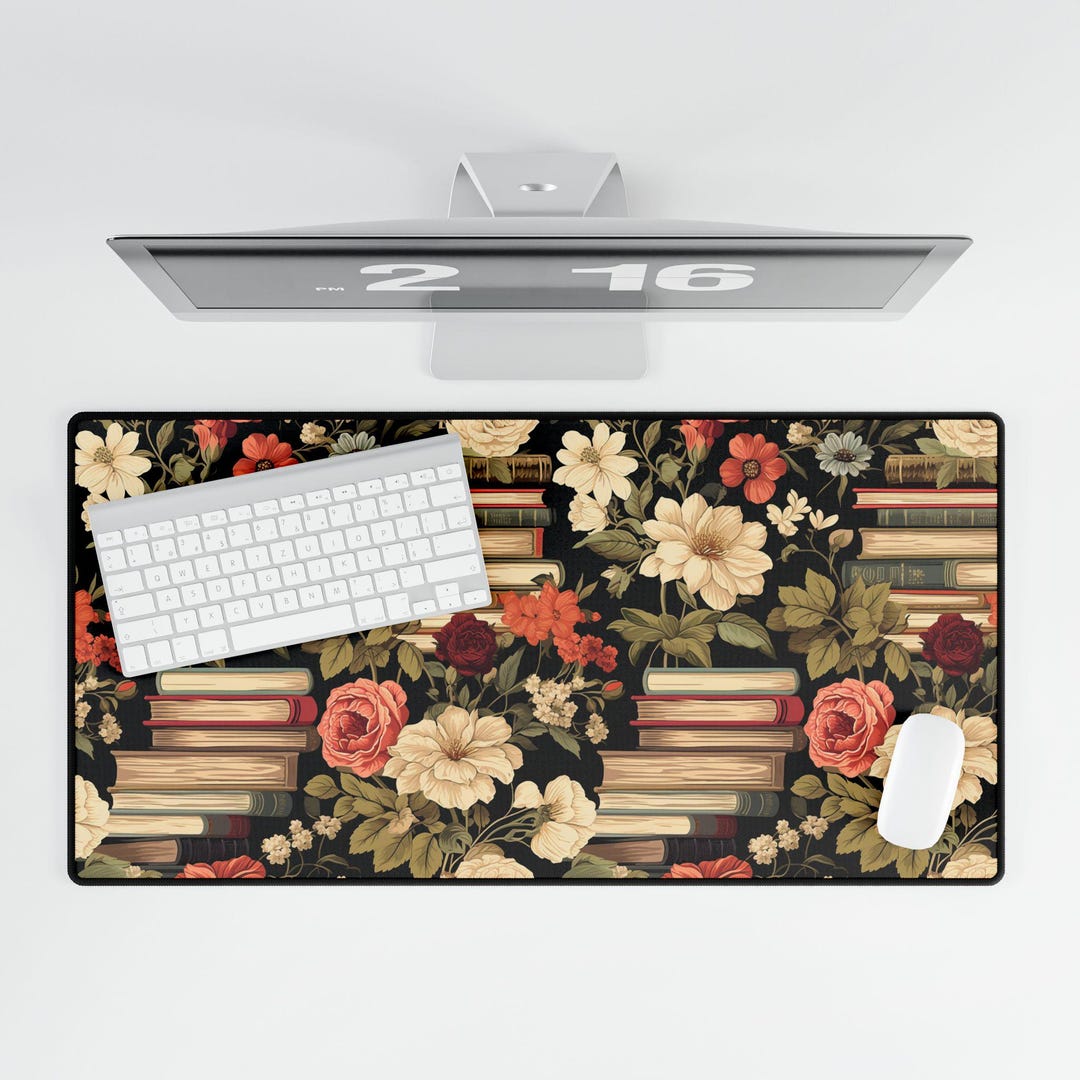 Vintage Floral and Vintage Books Desk Mat, Botanical Office Decor ...