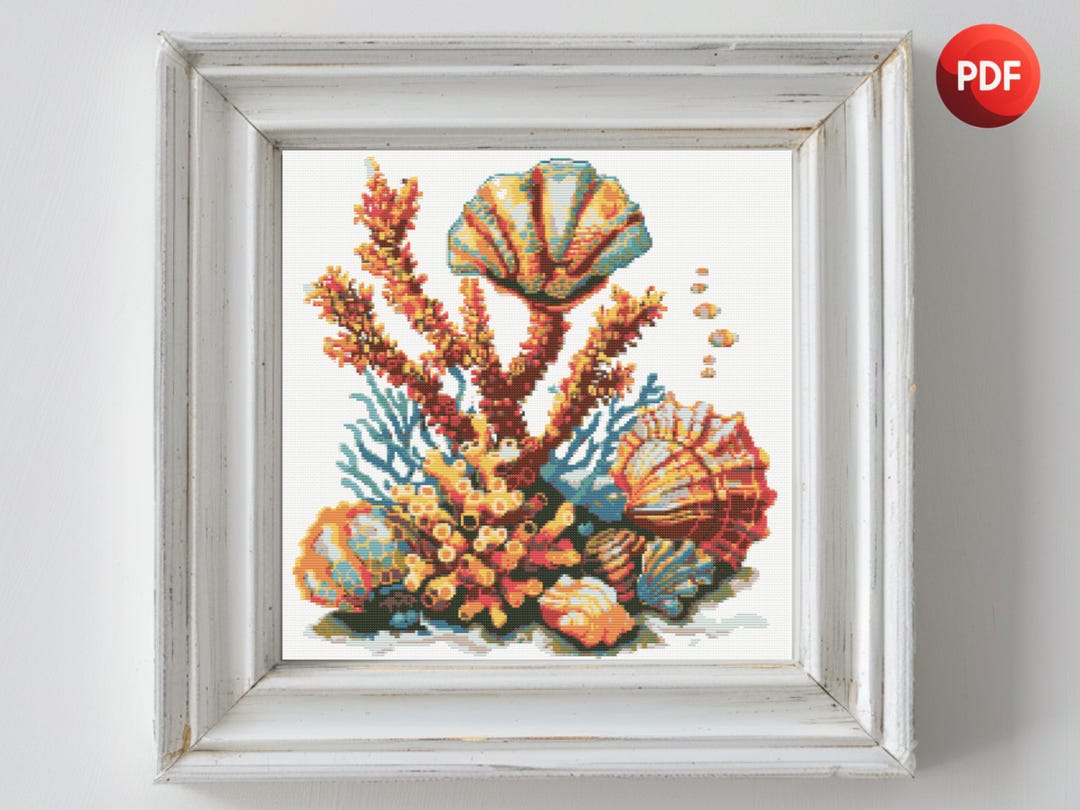 Cross Stitch Pattern PDF Underwater Bright Orange and Blue Shells Sea ...