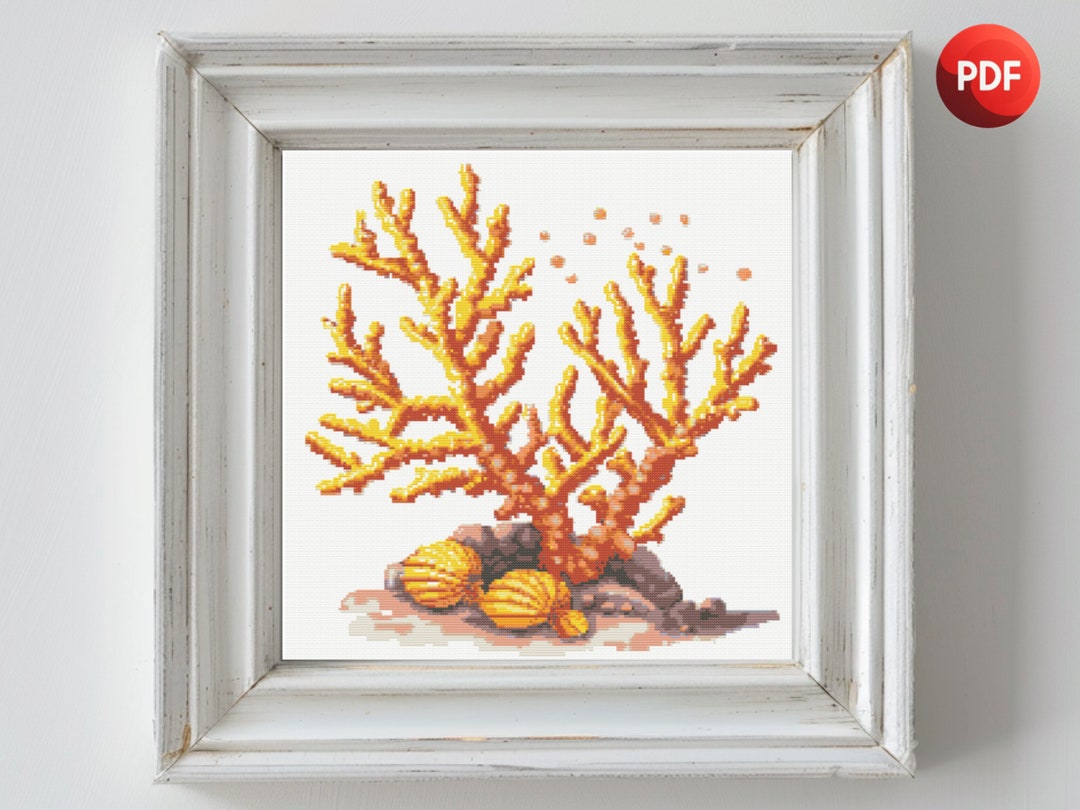 Cross Stitch Pattern PDF Underwater Yellow Shells Sea Plants Coral ...