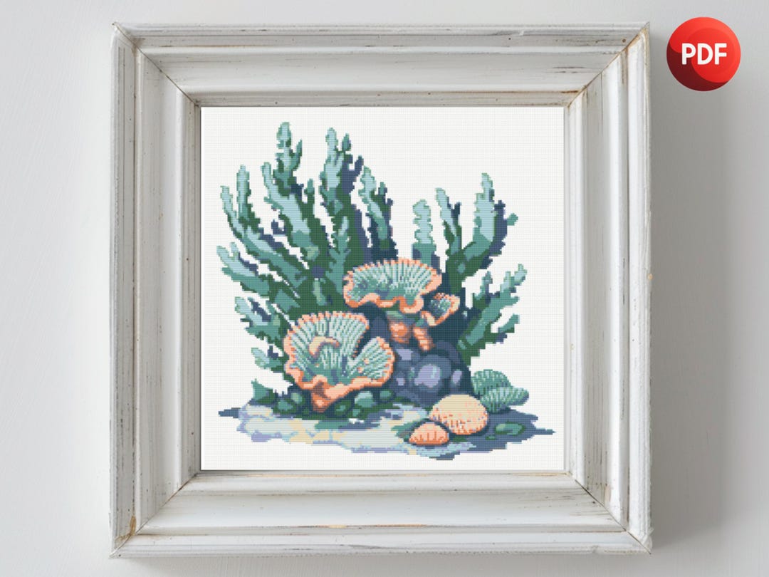 Cross Stitch Pattern PDF Underwater Deep Green Shells Sea Plants Coral ...