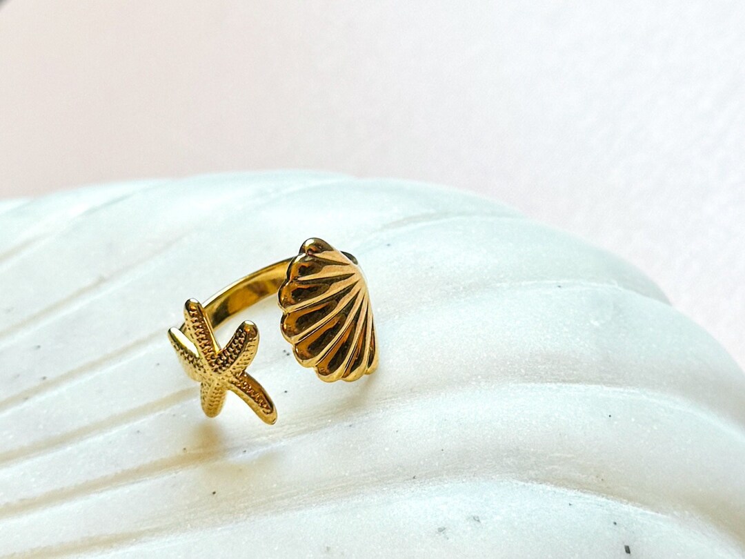 Gold Filled sirens Gold Adjustable Ring Seashell Ring Starfish Ring ...