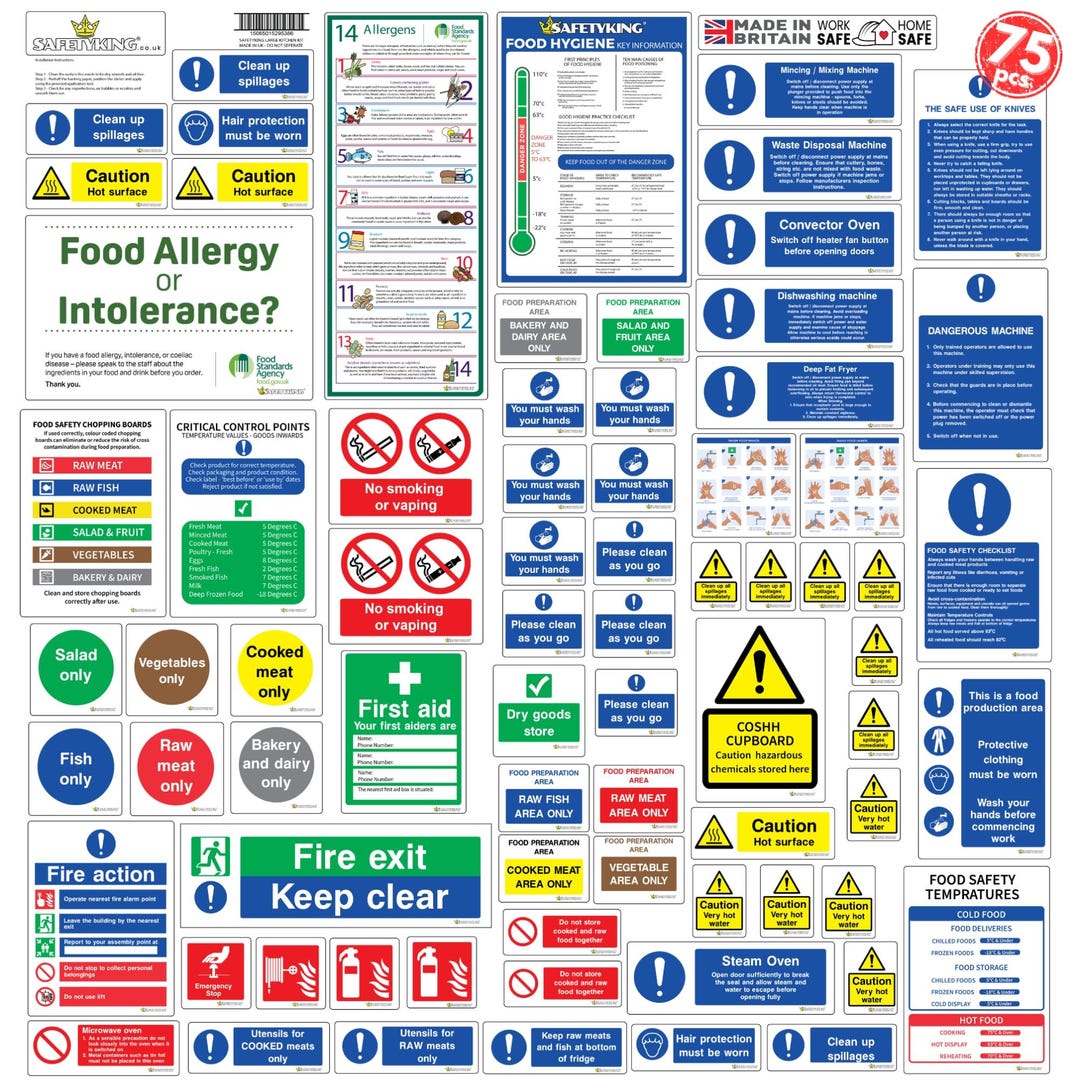 SAFETYKING® 75pcs Kitchen Safety Signs & Food Hygiene Stickers | Self ...