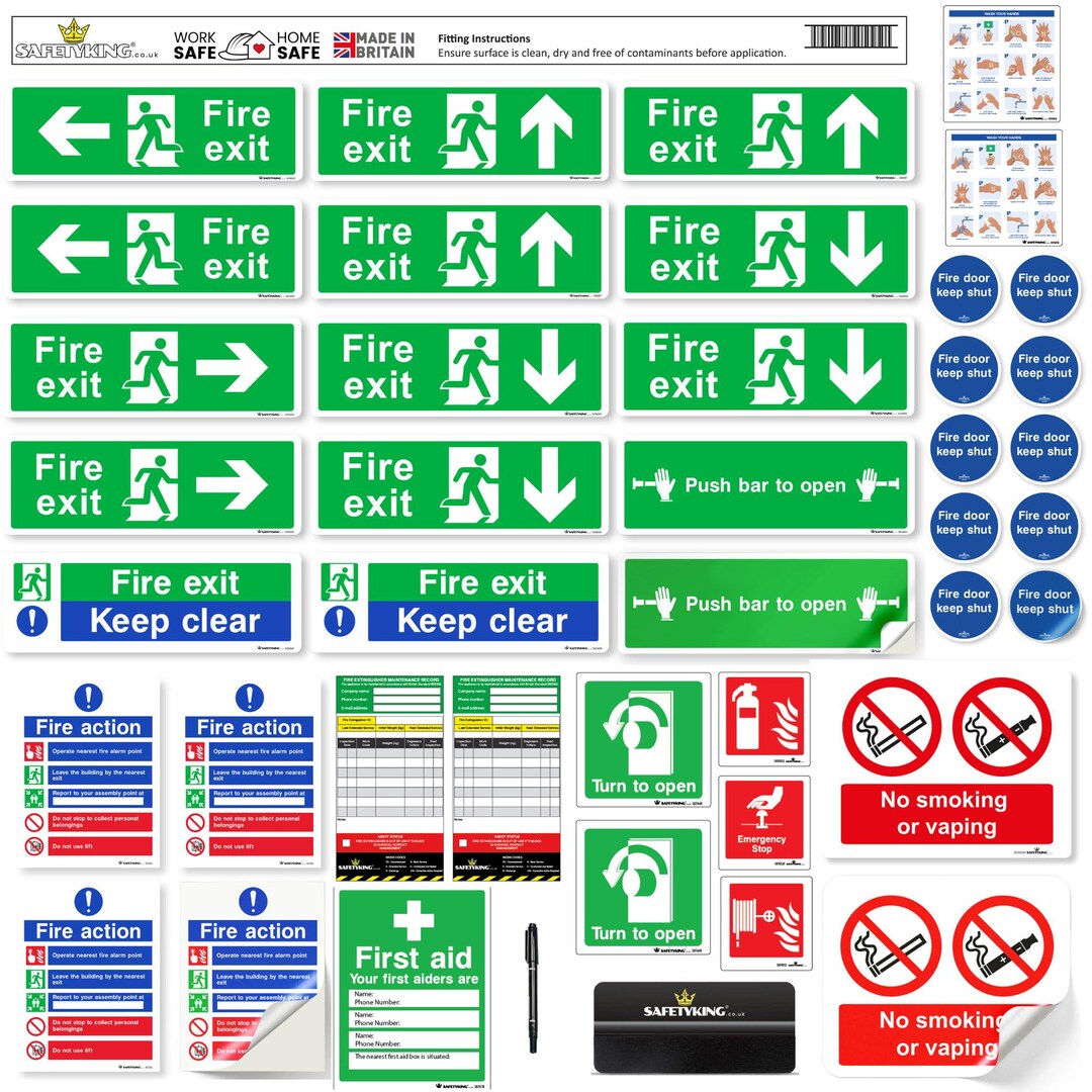 SAFETYKING® 33-piece Fire Safety Signage Kit | Self-adhesive Fire Exit ...