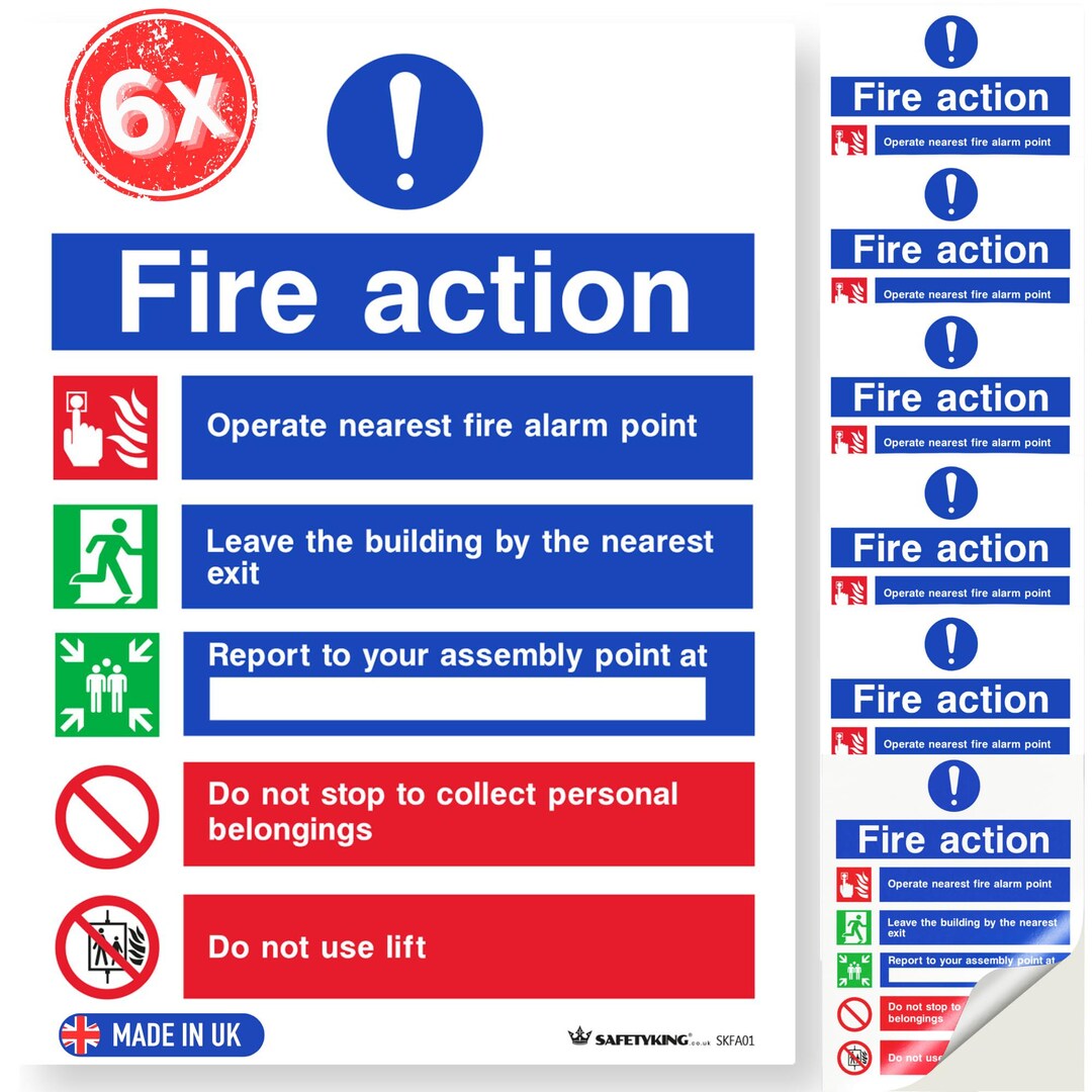SAFETYKING® Fire Action Signs (6 Pack) 200mm X 150mm, Self Adhesive ...