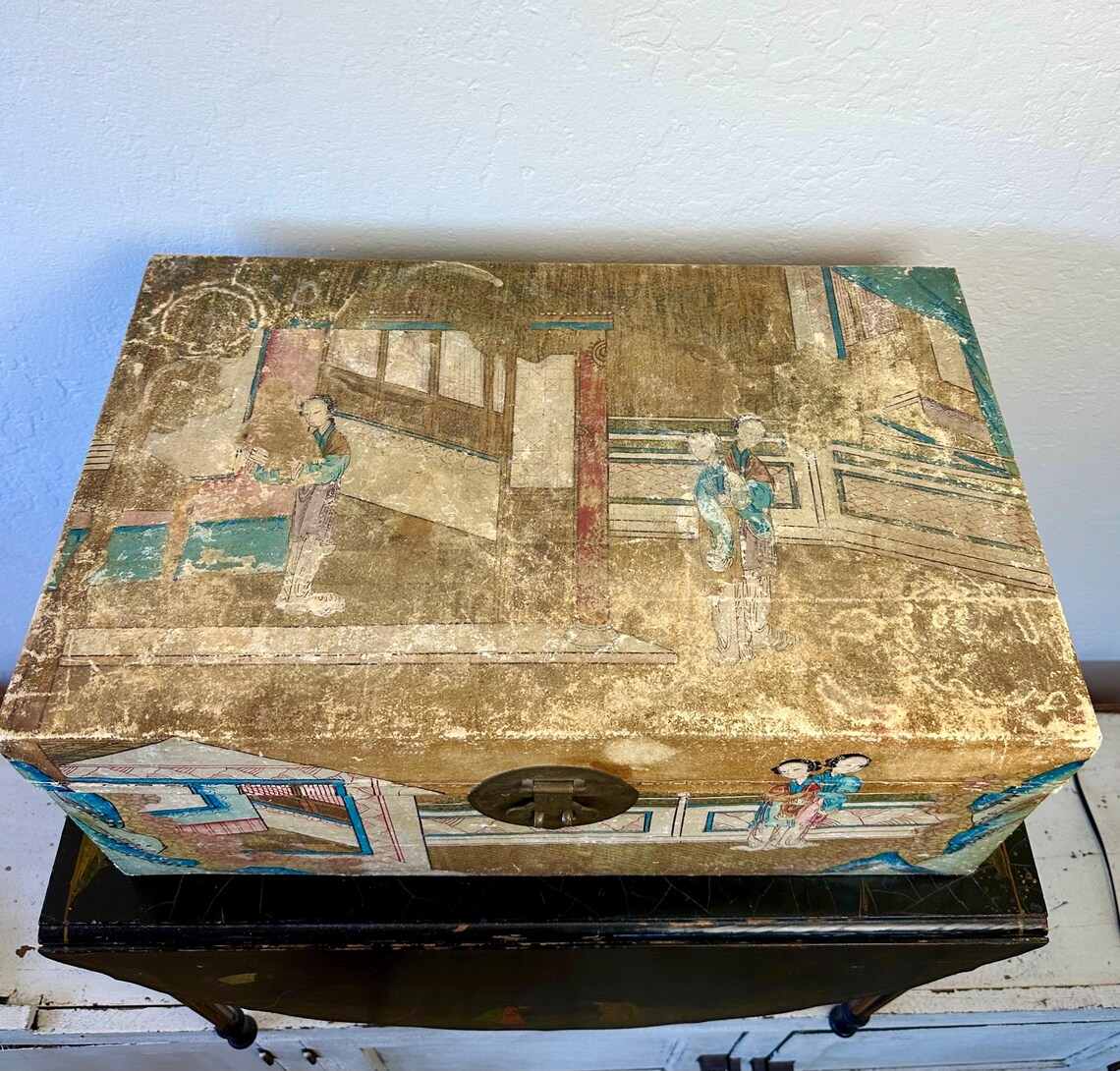 Antique Chinese Pigskin Wardrobe Chest: Hand-painted Court Ladies ...