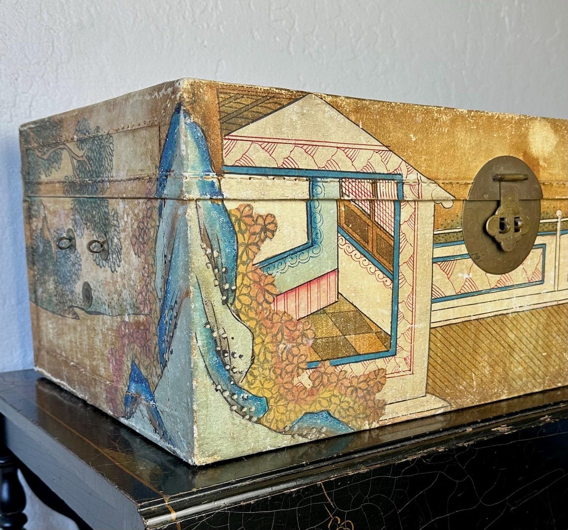 Antique Chinese Pigskin Wardrobe Chest: Hand-painted Court Ladies ...