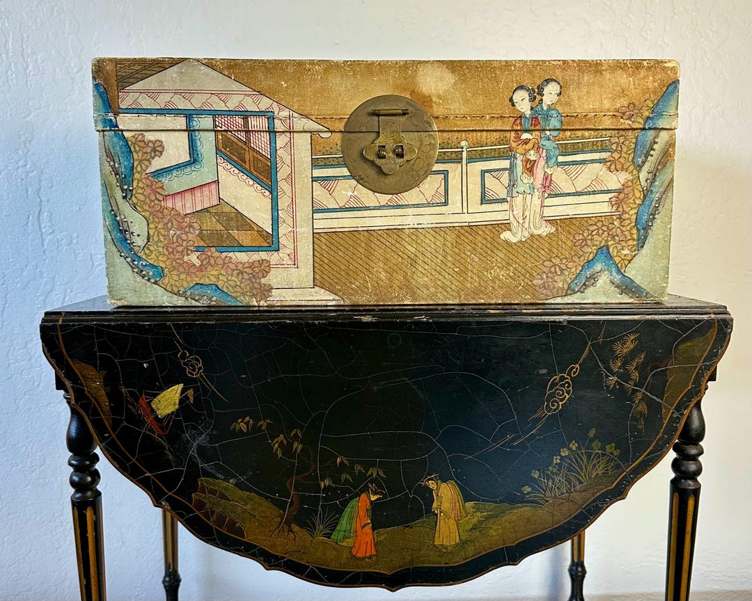 Antique Chinese Pigskin Wardrobe Chest: Hand-painted Court Ladies ...