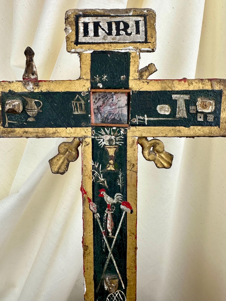 Antique 19th Century Spanish Colonial Painted Wooden Cross in a Folk ...