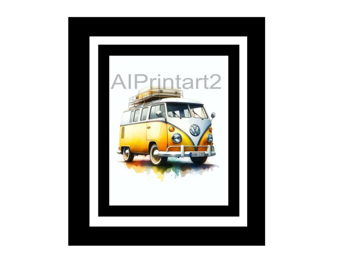 VW Bus Print Volkswagen Van Picture, Watercolor Painting Yellow & White ...